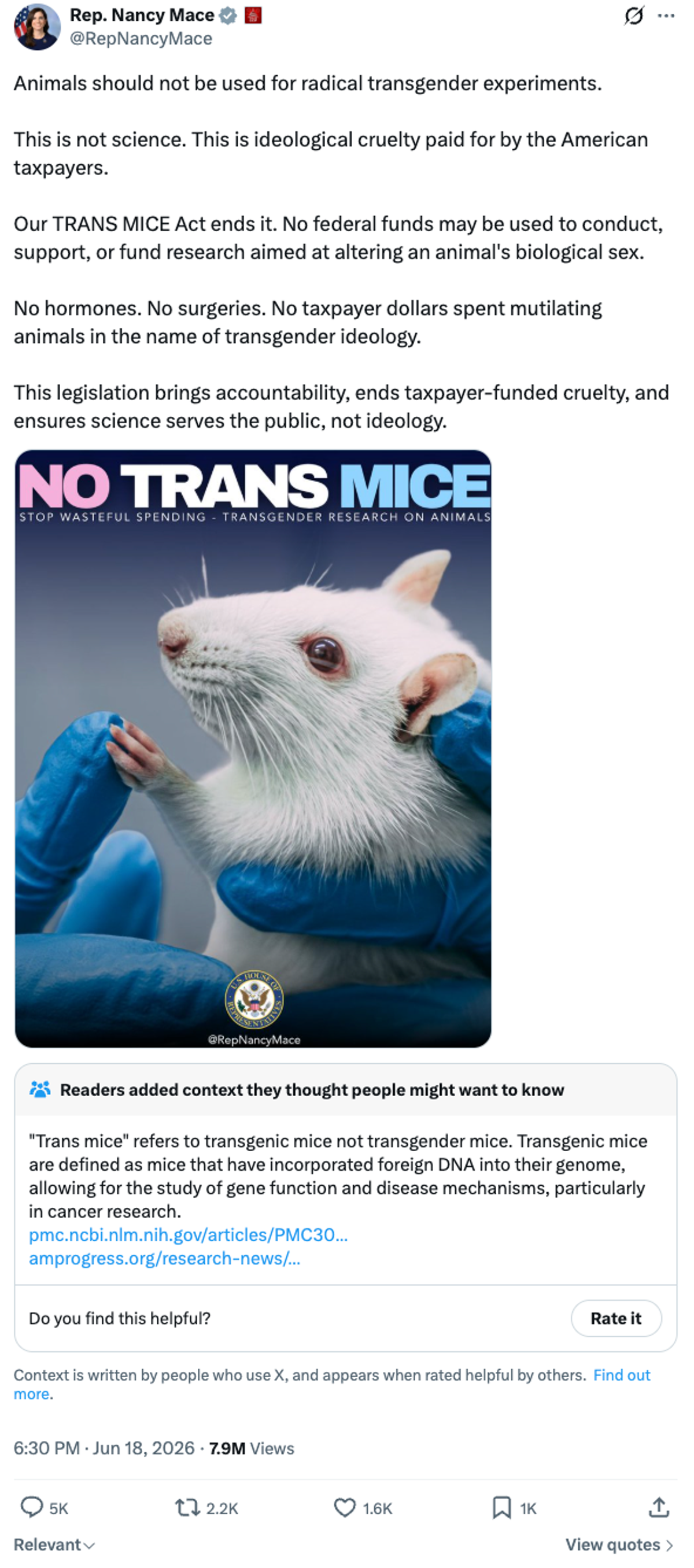 Nancy Mace mocked online after posting about ‘trans’ mice in research - AOL